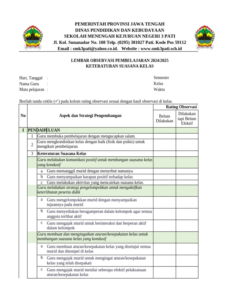 Form Observasi, A,B,C,D Keteraturan Suasana Kelas | PDF