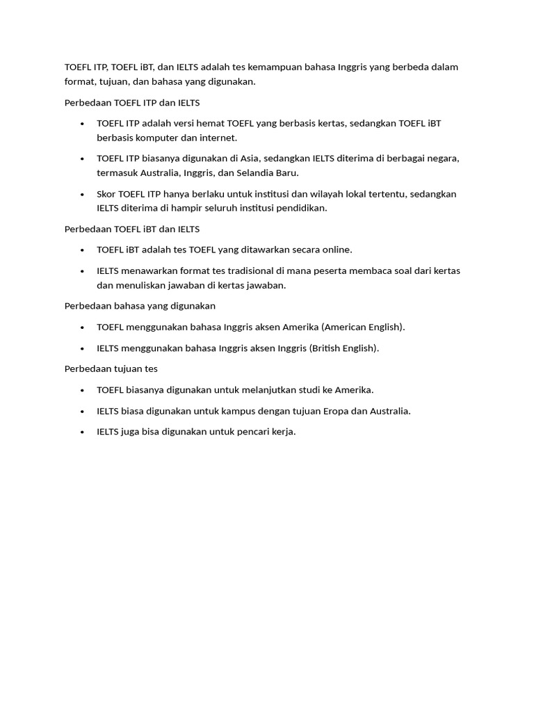 Perbedaan Toefl Itp, Ibt & Ielts | PDF