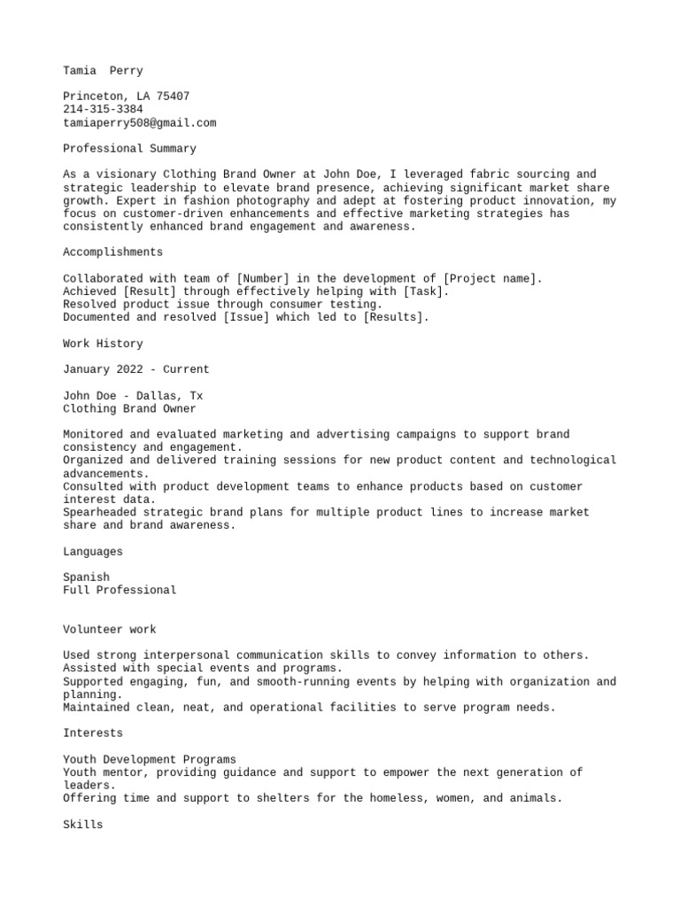 Clothing Brand Owner Resume Summary | PDF