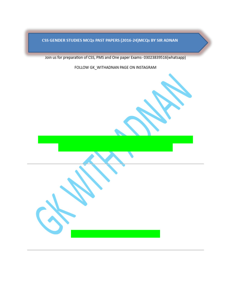 CSS Gender Studies MCQs 2016-2024 | PDF | Gender | Gender Studies