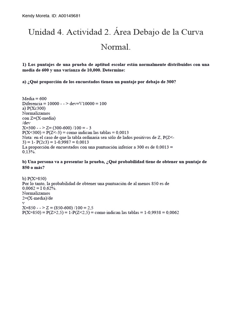 Moreta Kendy. Unidad 4. Actividad 2. Área Debajo de La Curva Normal. | PDF