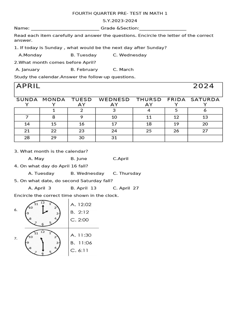 Pre Test Math Q4 Eng | PDF