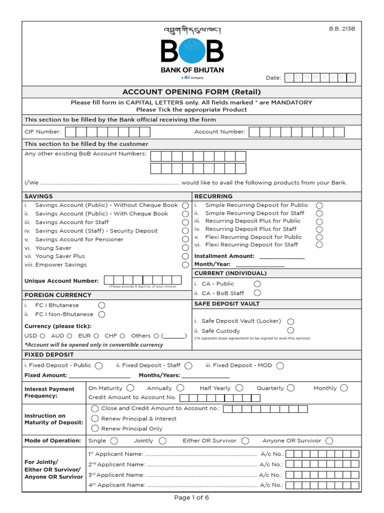 Bank of Bhutan Account Opening Form | PDF | Debit Card | Banks