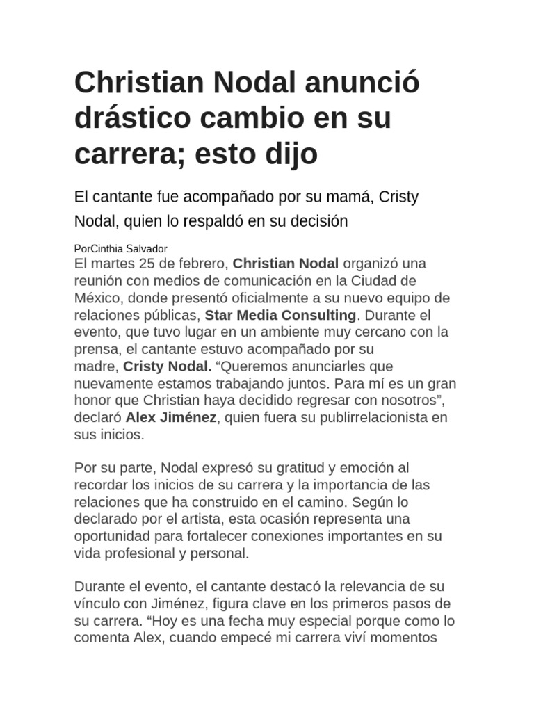 Christian Nodal Anunció Drástico Cambio en Su Carrera | PDF
