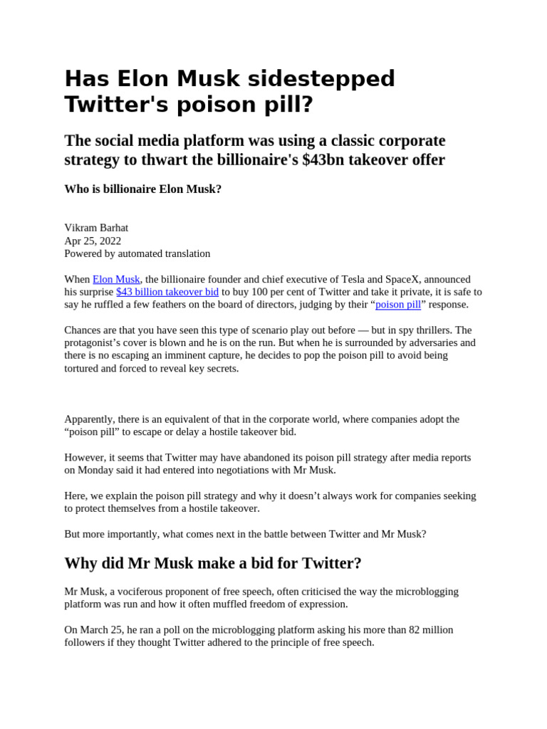 Twitter's Poison Pill vs. Musk | PDF | Elon Musk | Private Sector