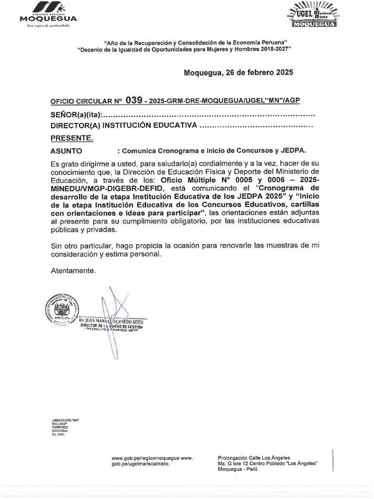 Oficio Circular #039 - 2025 - Ugel MN Agp Comunica Cronograma e Inicio de Concursos y Jedpa ...