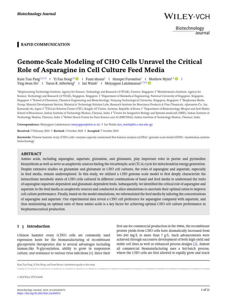 Biotechnology Journal - 2024 - Pang - Genome Scale Modeling of CHO ...