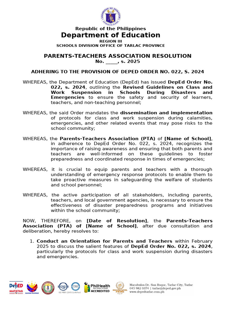 DO 22 s2024 - PTA RESOLUTION | PDF | Emergency Management