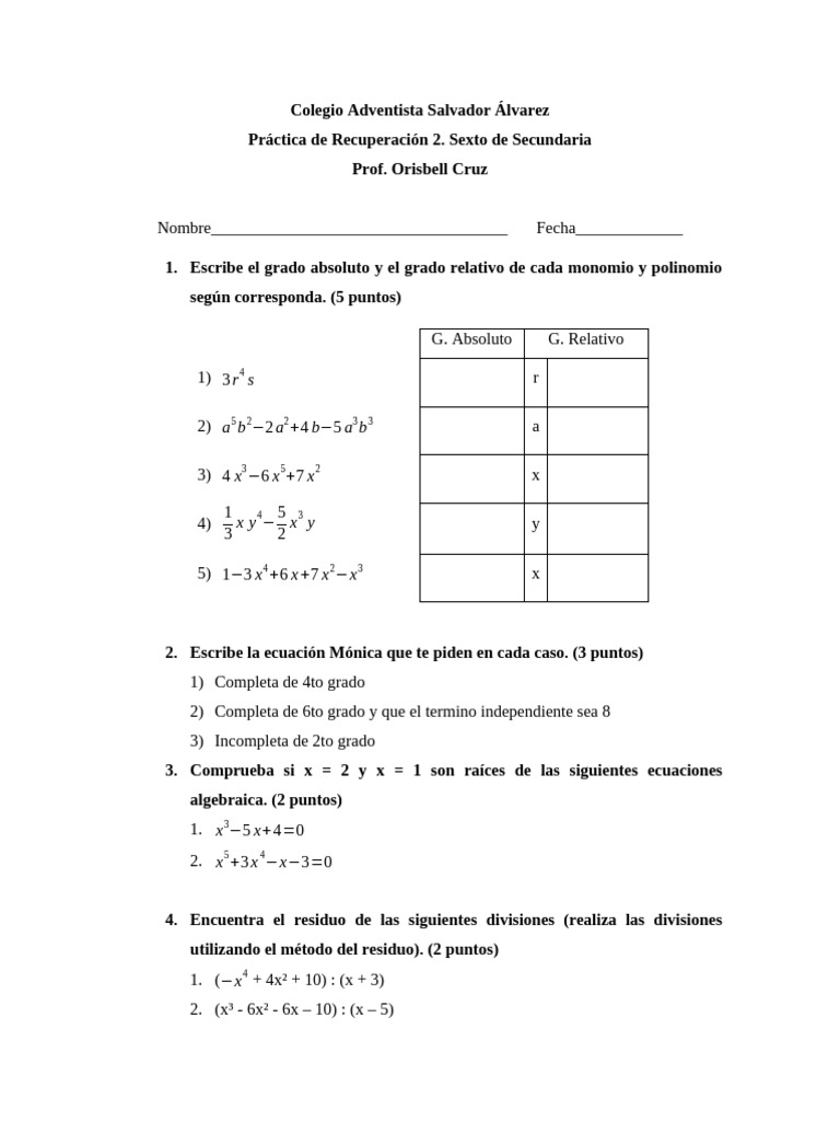 Practica 2. 6to. Sec 2024-2025 (Recuperacion) | PDF