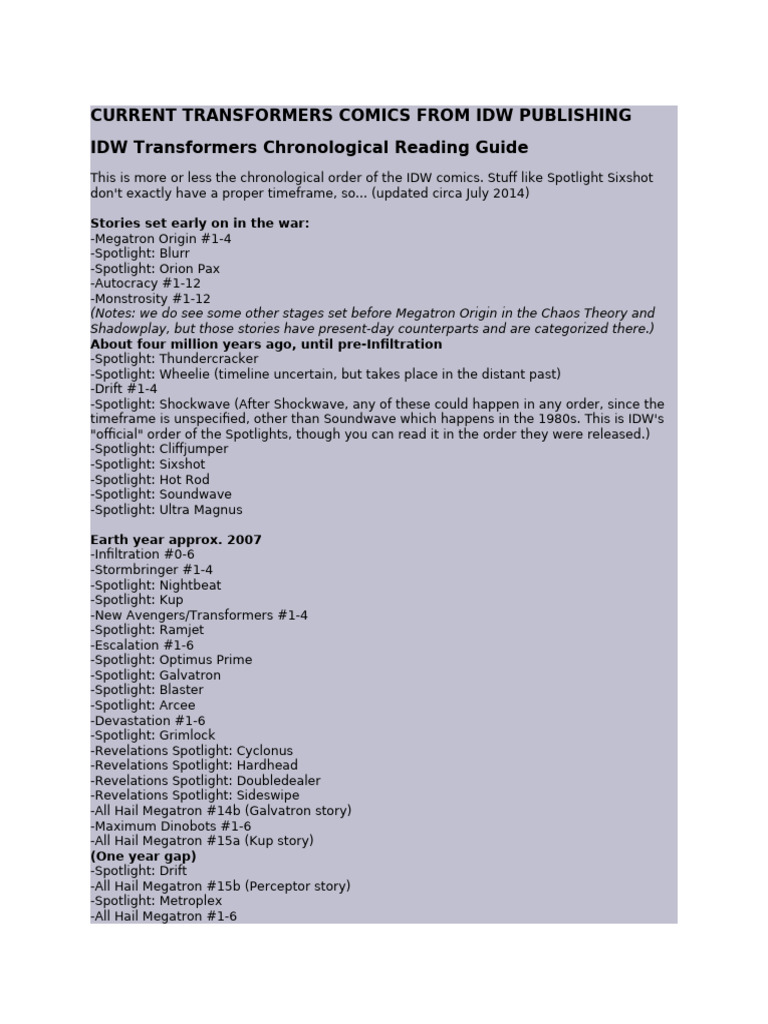IDW Transformers Comics Reading Order | PDF | Hasbro | Fictional Vehicles
