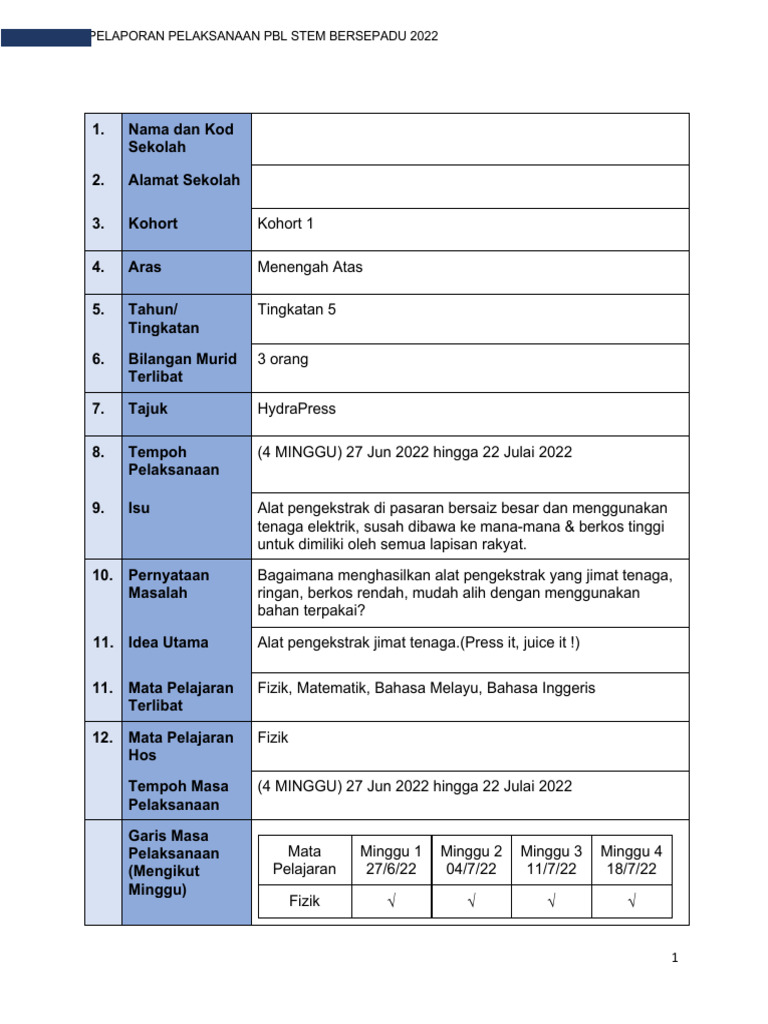Pelaporan PBL Stem Bersepadu SMK ABC | PDF