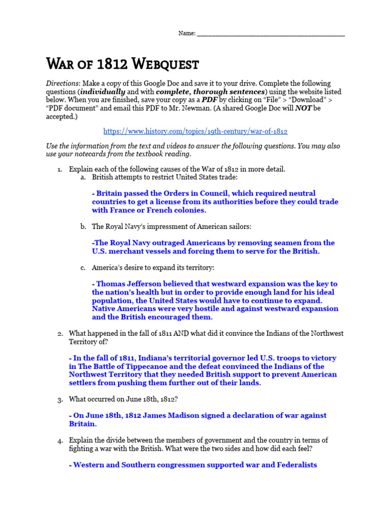 War of 1812 Webquest | PDF | War Of 1812 | 2nd Millennium Conflicts