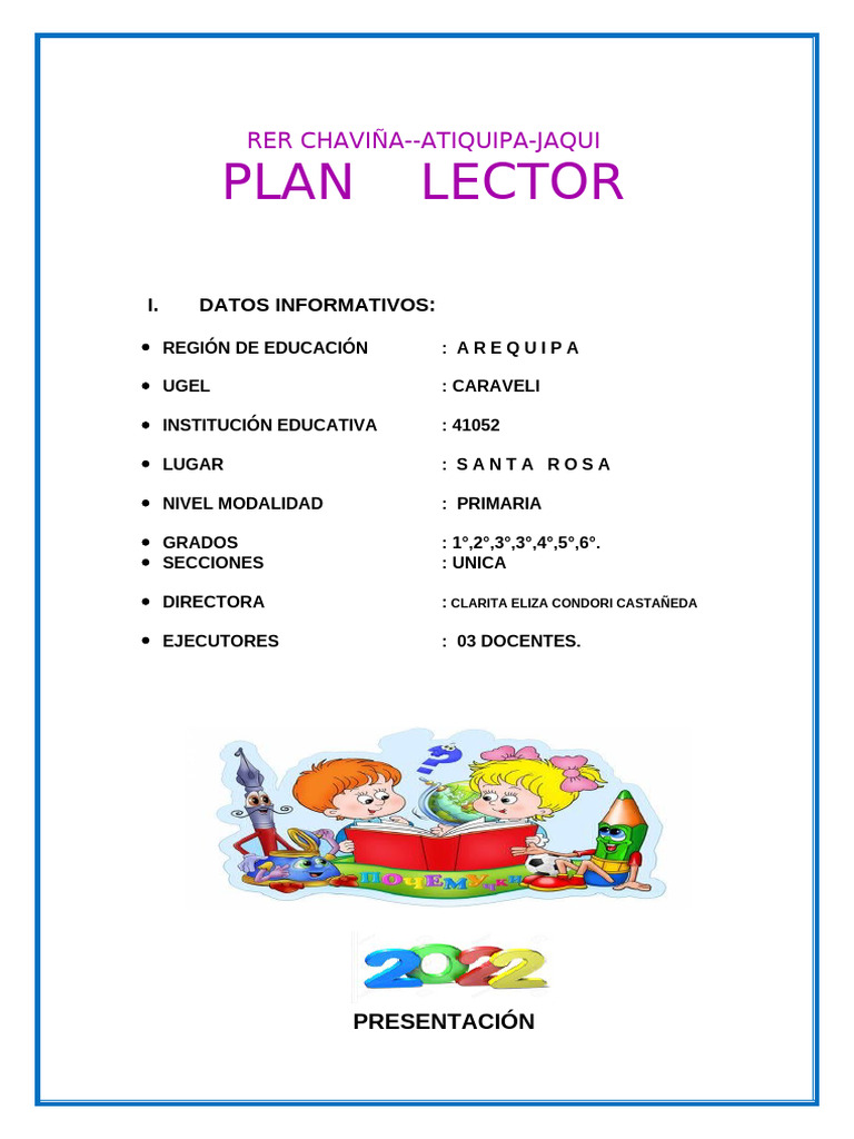 Plan Lector 2022 RER - I.E. 41052 - SANTA ROSA. | PDF | Aprendizaje