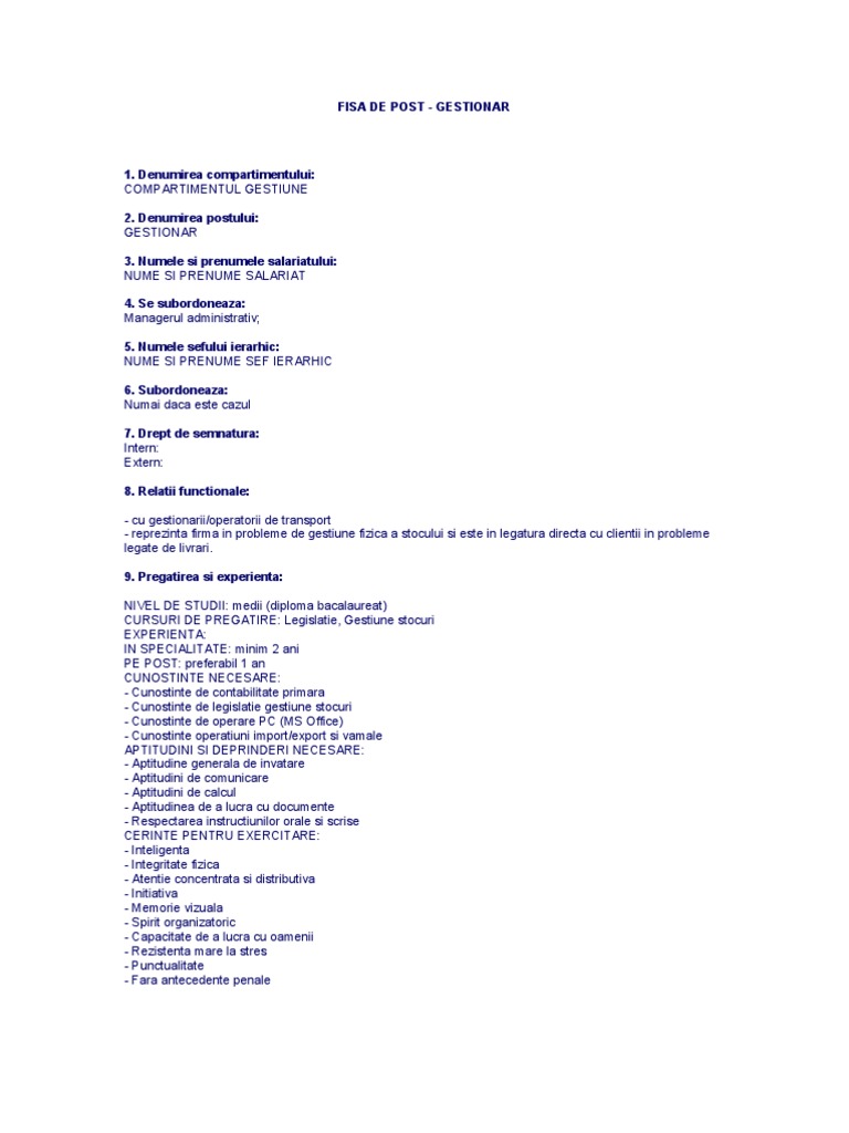 Fisa de Post Gestionar