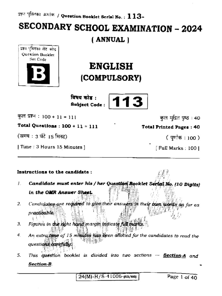 Class 10 English Previous Year Question Paper 2024 Set B 113 | PDF