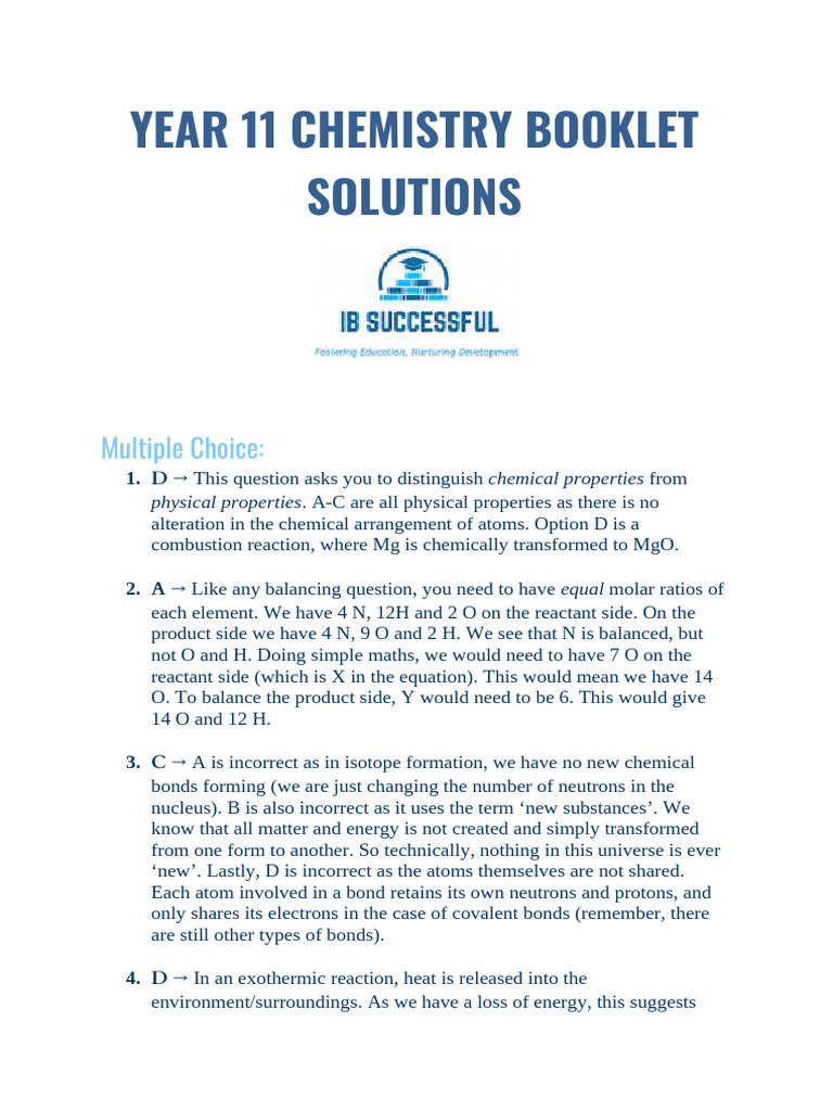 Year 11 Chemistry Solutions Guide | PDF | Chemistry | Atoms
