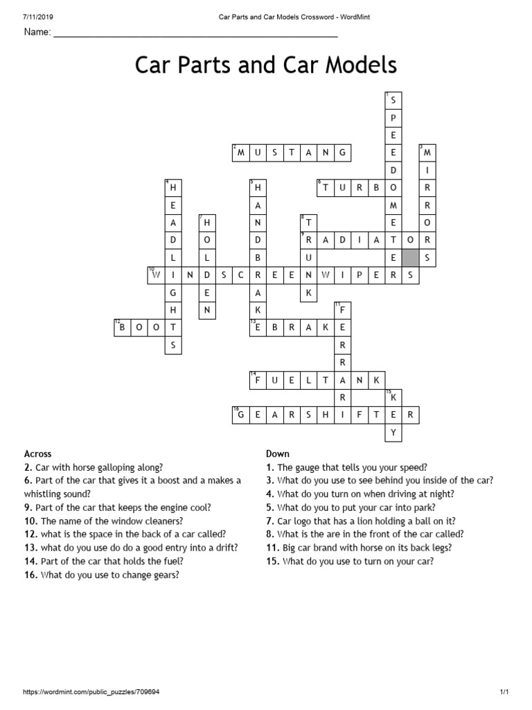 Car Parts and Models Crossword Puzzle | PDF | Land Vehicles | Transport