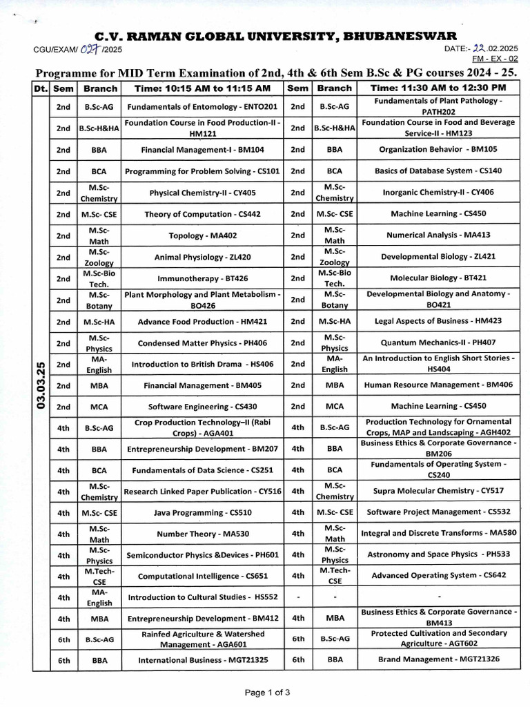 Programme For MID Term Exam of 2nd 4th 6th Sem B.SC PG Course 2024 25 | PDF
