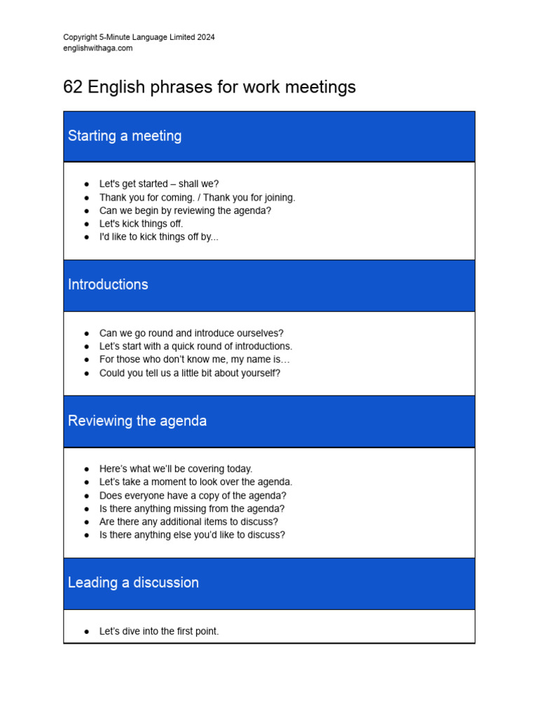 62 English Phrases For Work Meetings | PDF