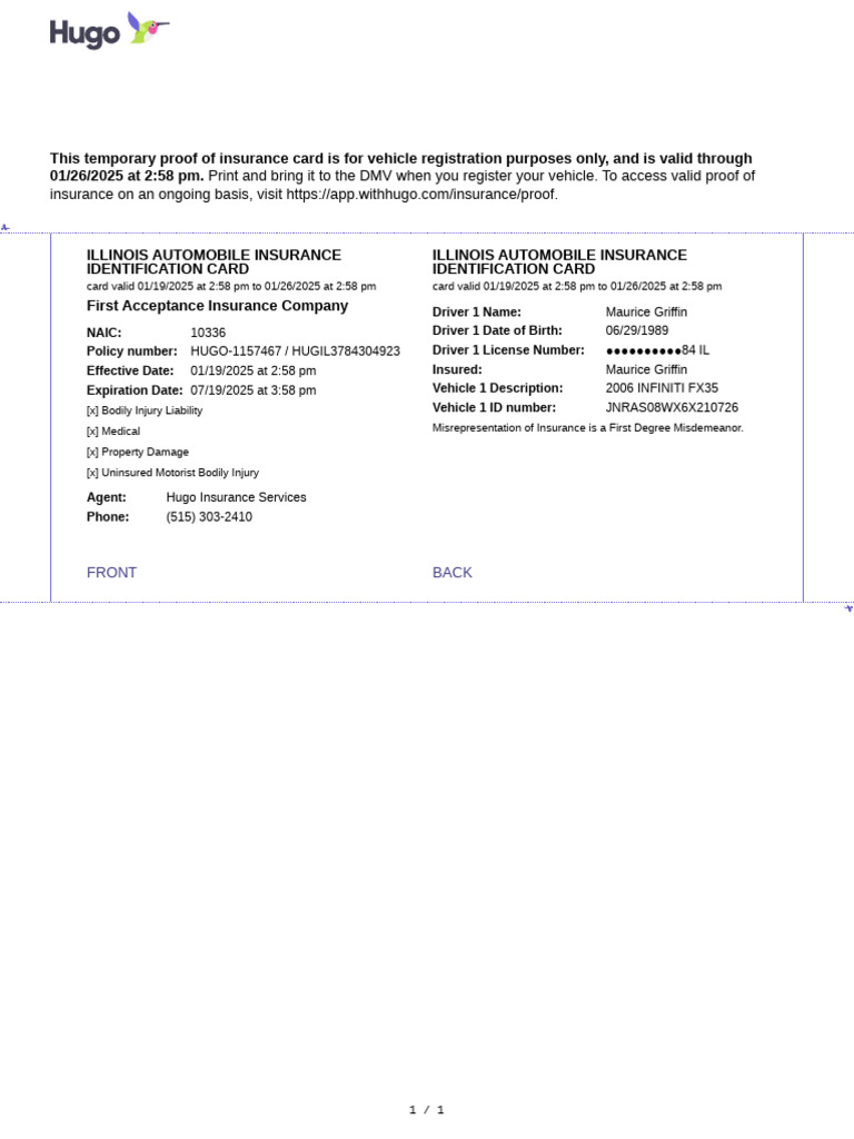 Hugo Temporary Proof of Insurance | PDF