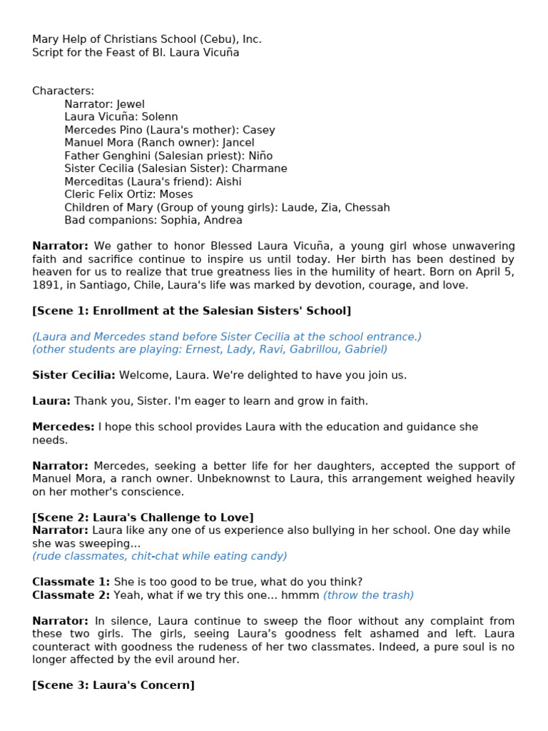 Feast Script - BL Laura Vicuña | PDF