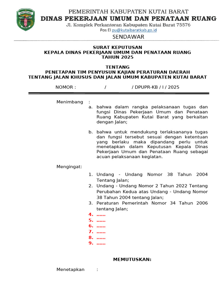 Draft SK TIM Penyusun Kajian Perda Tentang Jalan Khusus Dan Umum | PDF