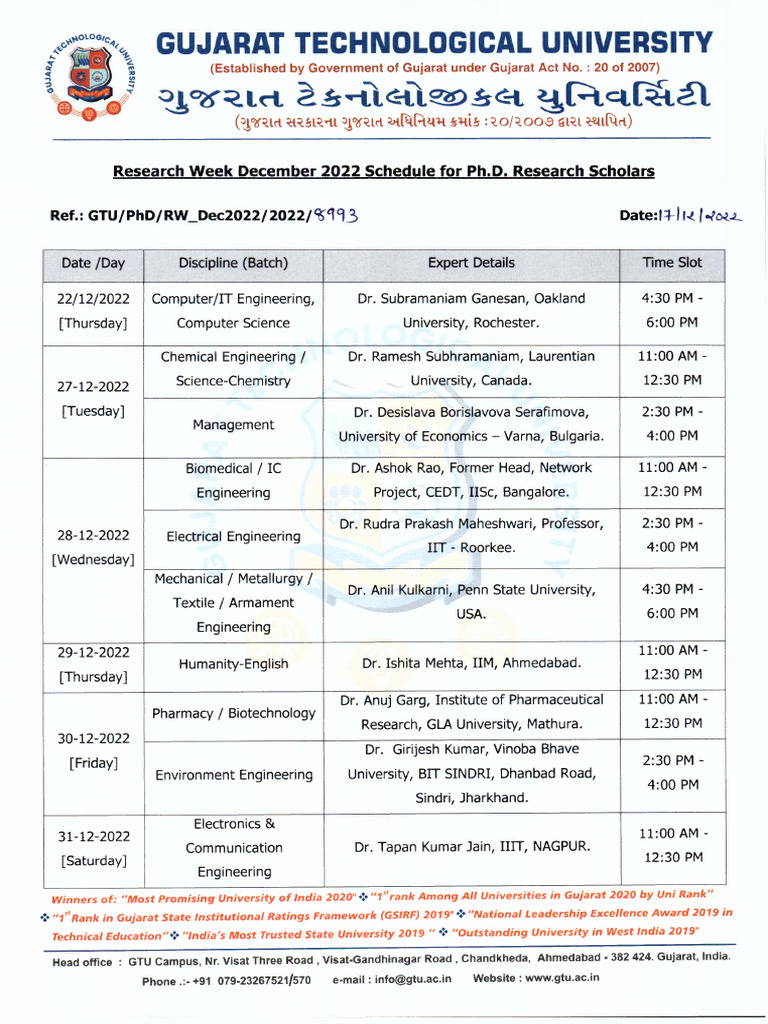 Research Week Schedule - December-2022 - 563267 | PDF