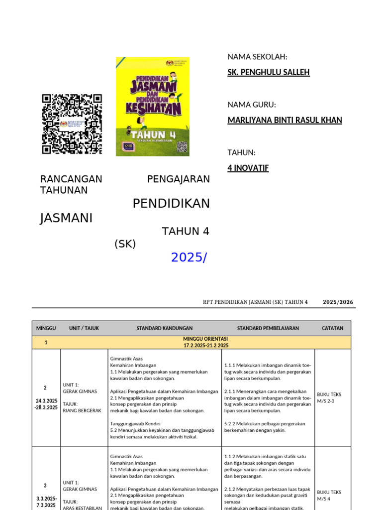 RPT PJ THN 4 (SK) 2025-2026 | PDF