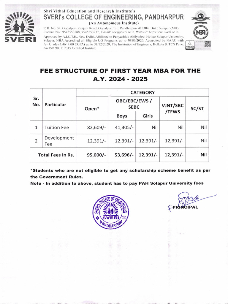 MBA First Year Fee Structure 2024-2025 | PDF