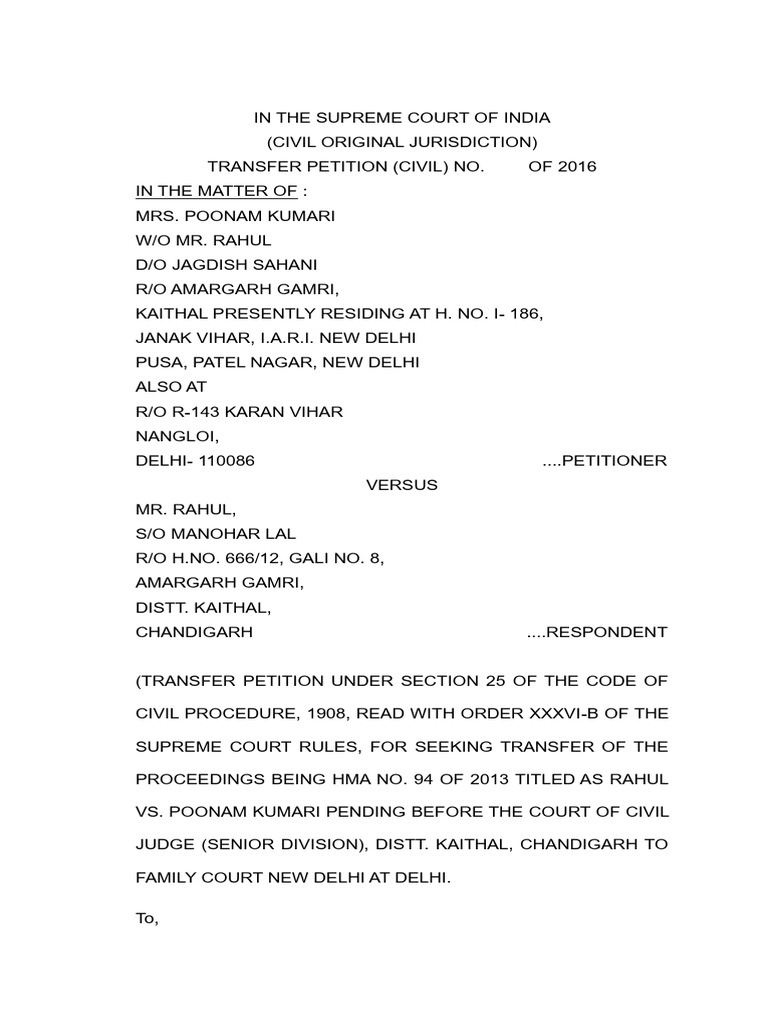 Transfer Petition for Family Court Move | PDF | Supreme Court Of India