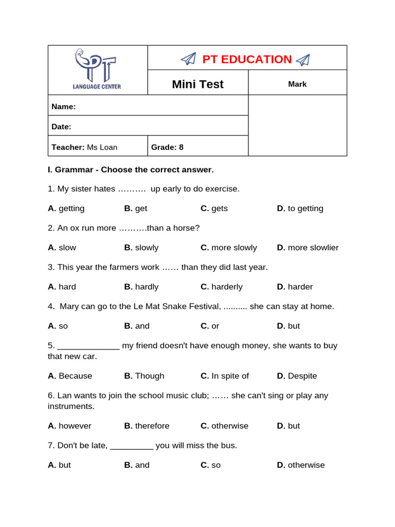 Mini Test Grade 8 - Oct | PDF