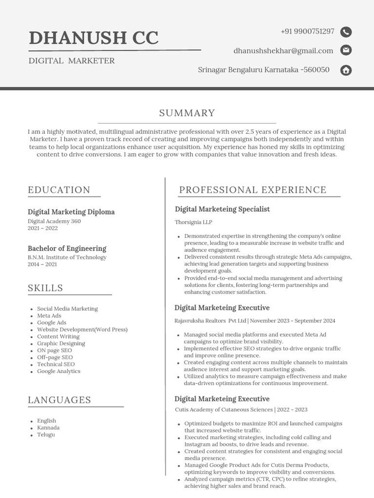 Dhanush DIgital Marketing Specialist | PDF | Digital Marketing | Search Engine Optimization