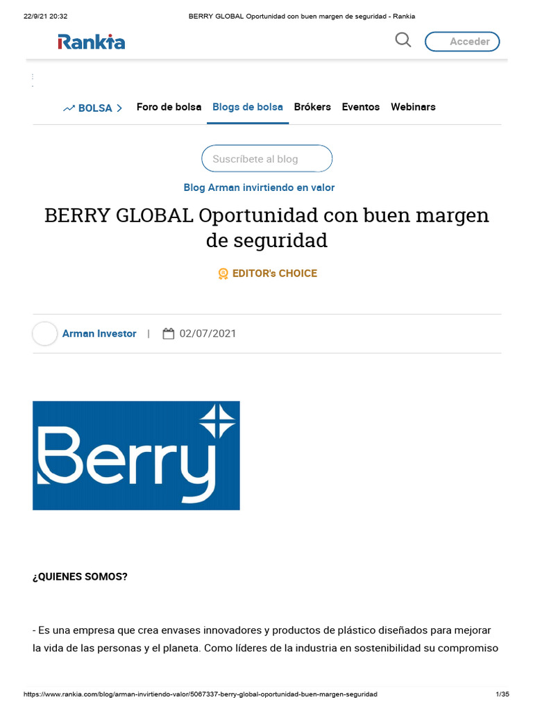 Berry Global Group Inc. Primeros Pasos en El Análisis de Una Compañía ...