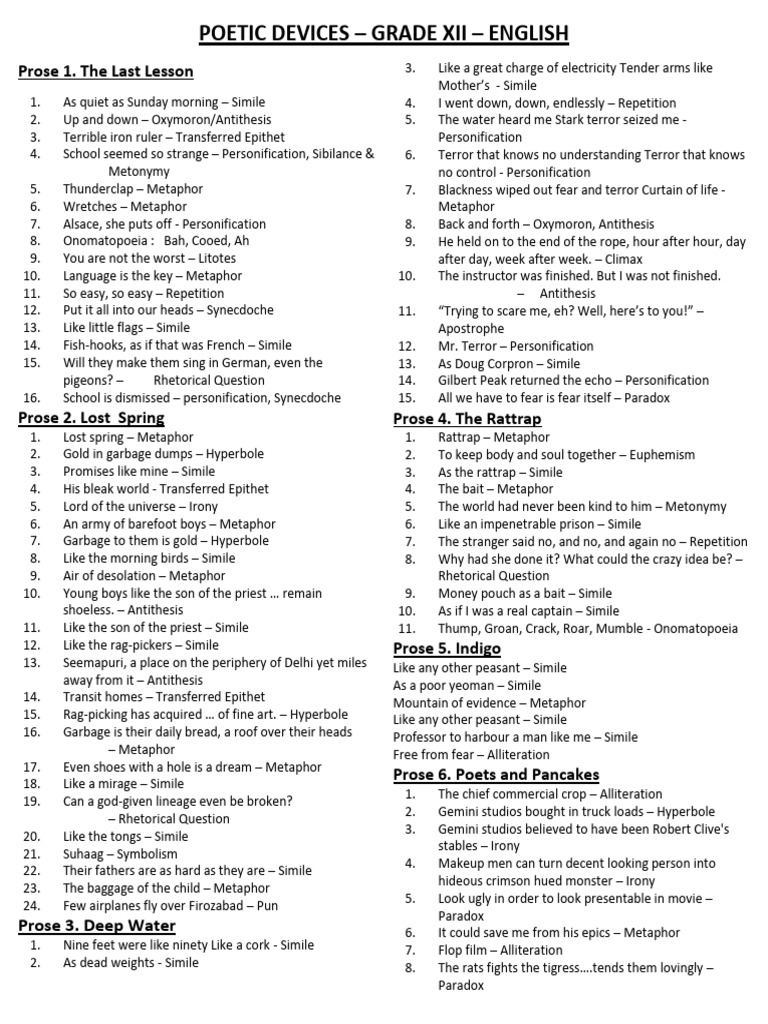 Poetic Devices for Grade XII English | PDF | Metaphor | Rhetorical ...