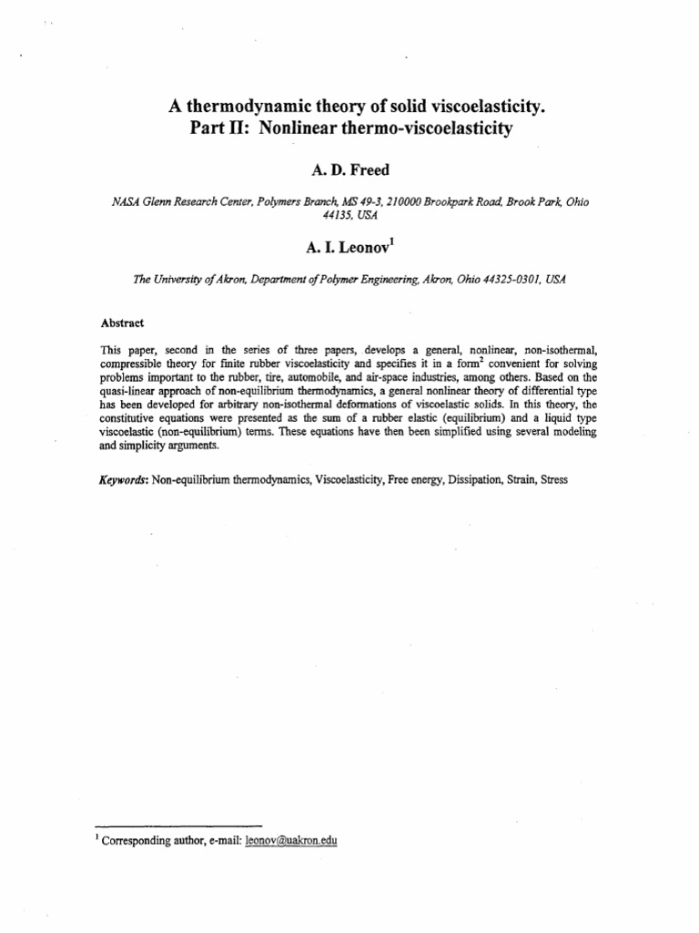 A Thermodynamic Theory of Solid Viscoelasticity. Part 2 Nonlinear Thermo-Viscoelasticity | PDF ...