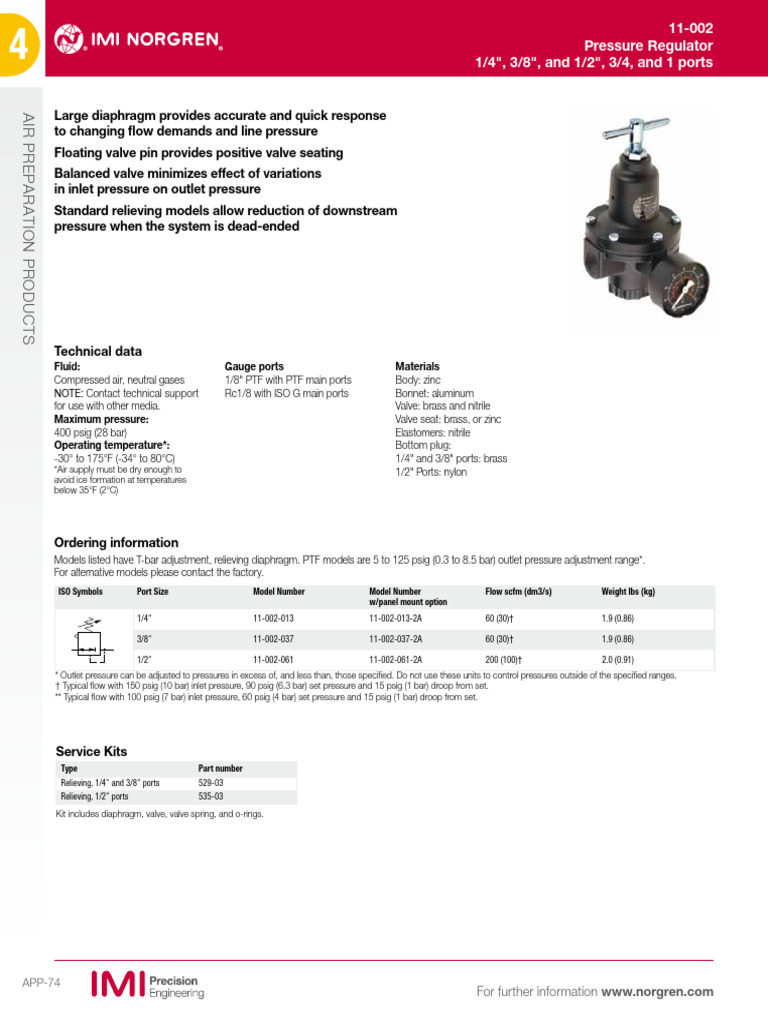 Air Pressure Regulator Specifications | PDF | Valve | Gas Technologies