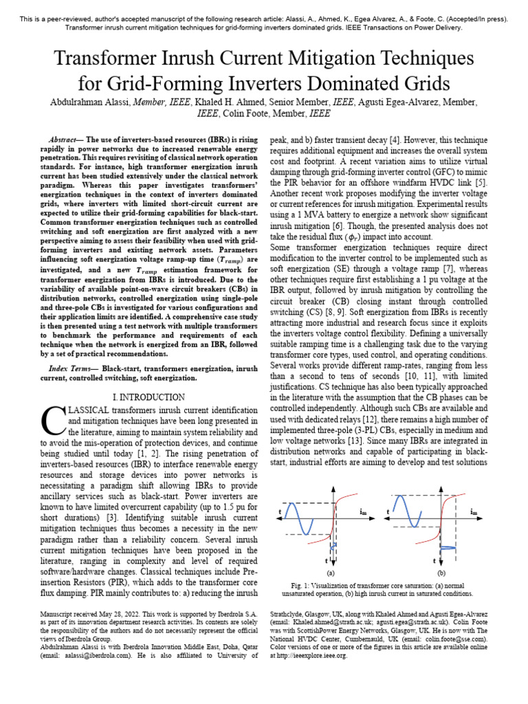 Alassi Etal IEEETPD 2022 Transformer Inrush Current Mitigation Techniques For Grid Forming ...
