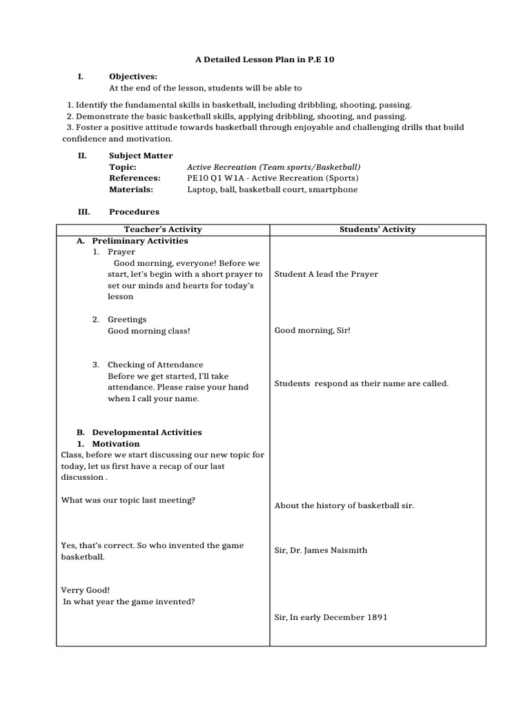 P.E. 10 Basketball Lesson Plan | PDF