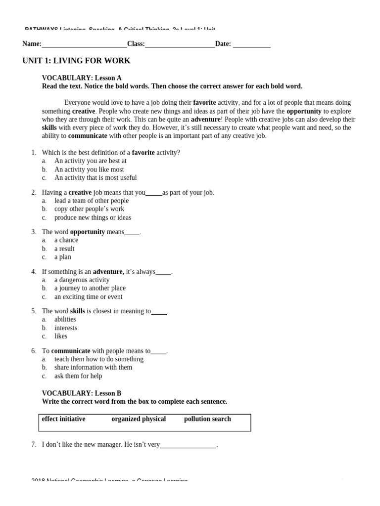 Pathways Ls1 2e u1 Test 1 | PDF | Vocabulary | Human Communication