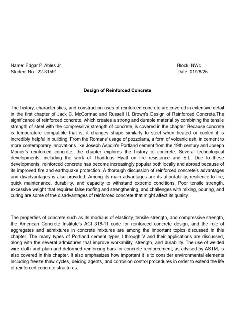 Design of Reinforced Concrete Summary | PDF | Concrete | Reinforced ...