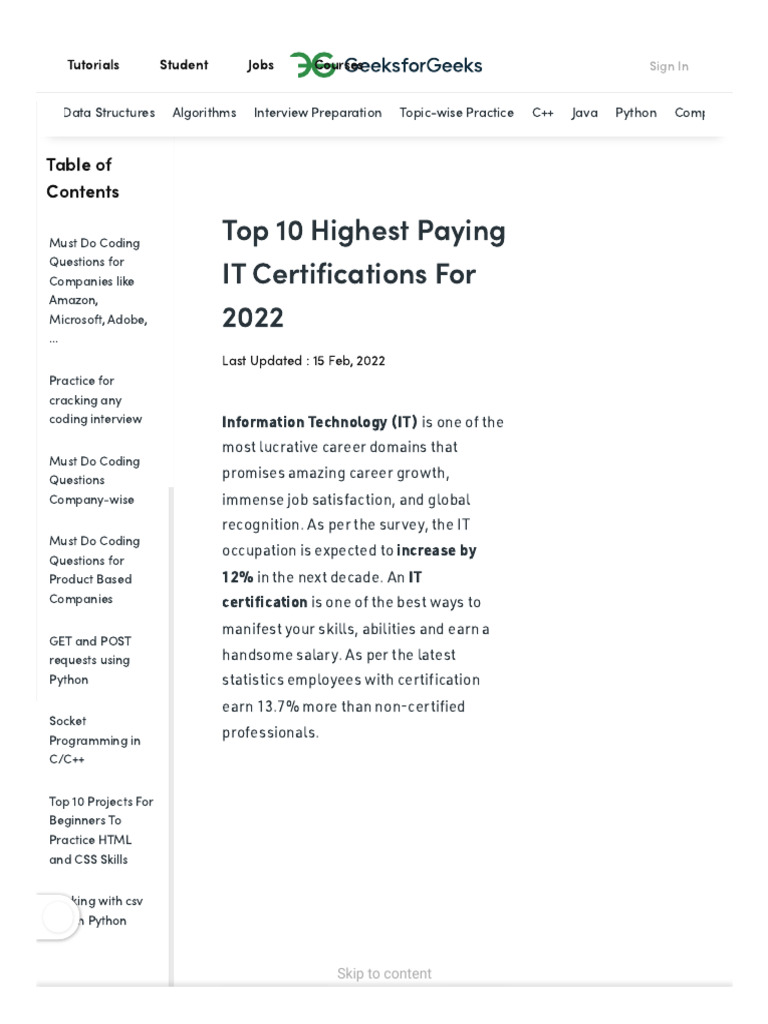 Top 10 Highest Paying IT Certifications For 2022 - GeeksforGeeks | PDF ...
