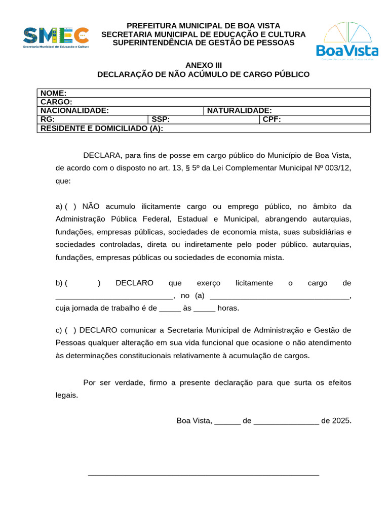 Declaracao de Acumulo de Cargo | PDF