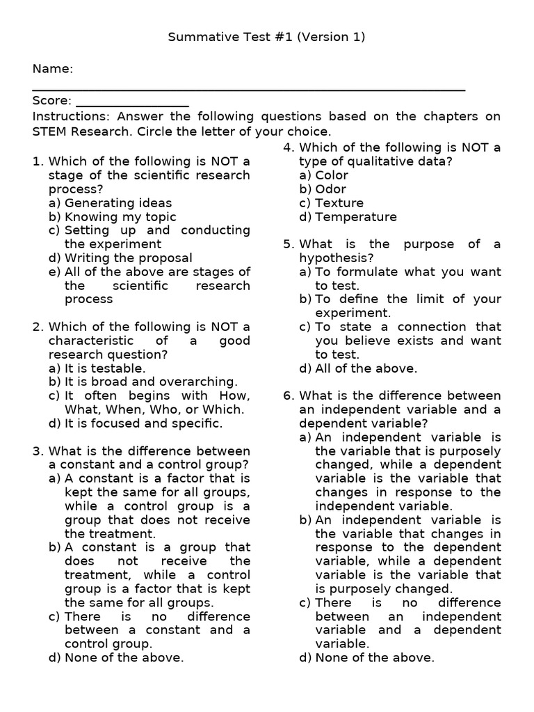 Summative Test - Research Design and Intro | PDF | Experiment ...
