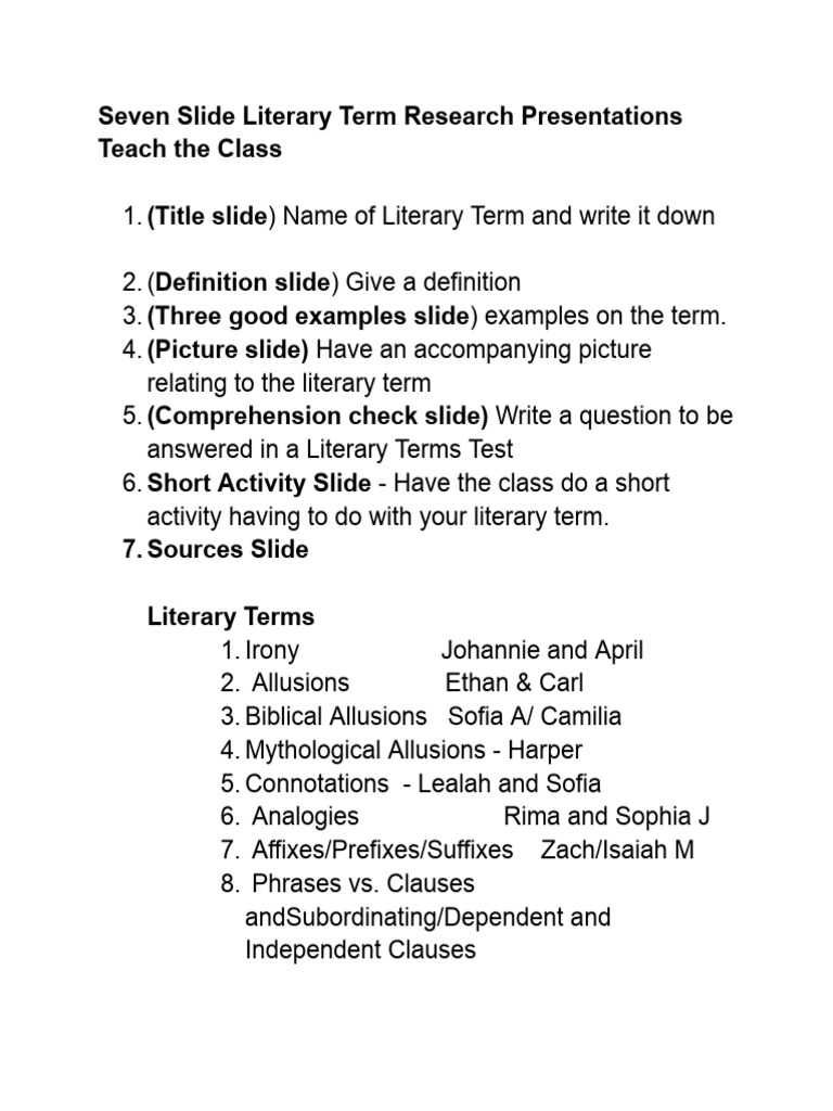 Literary Term Research Teach The Class | PDF