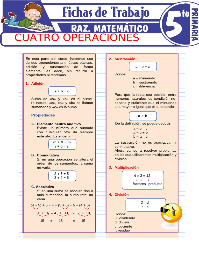 Cuatro Operaciones para Quinto Grado de Primaria | PDF | Sustracción ...