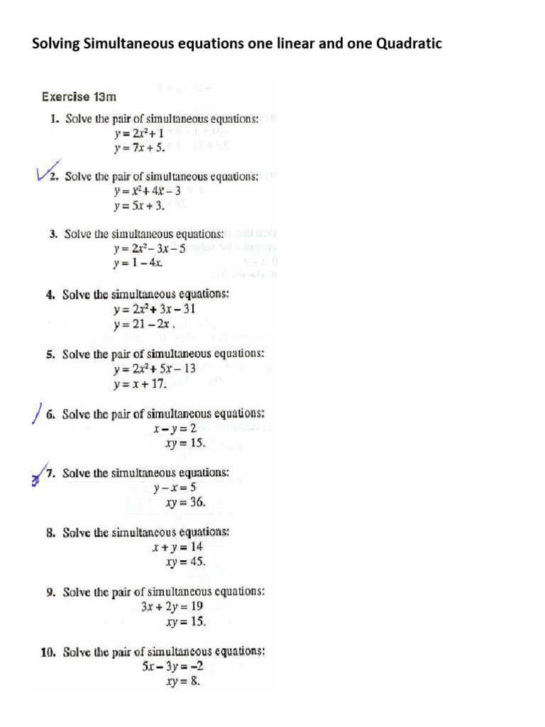 Week 3 Solving Simultaneous Equations One Linear And One Quadratic Pdf