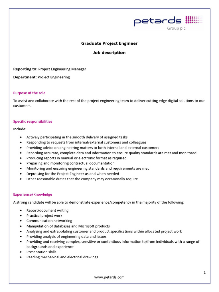 Graduate Project Engineer Job Description | PDF | Engineering | Business