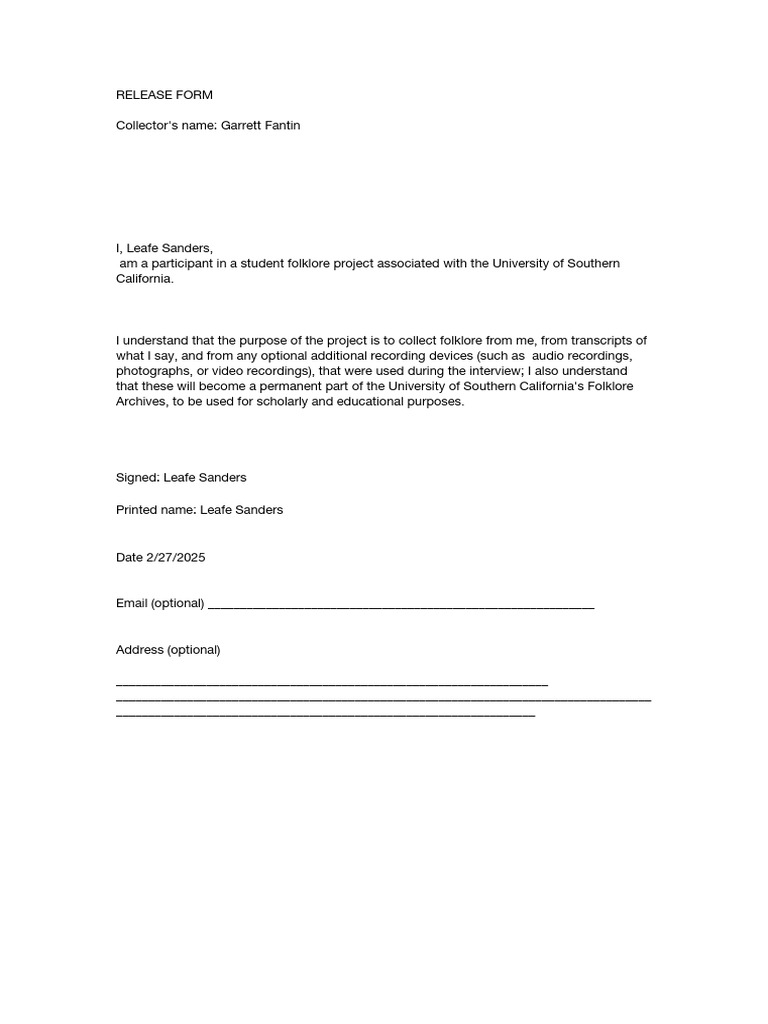 USC Folklore Project Release Form | PDF