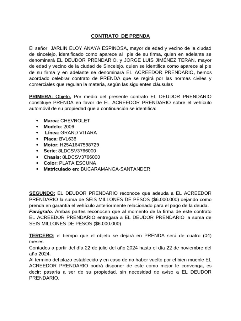 Contrato de Prenda Vehicular | PDF | Pagos