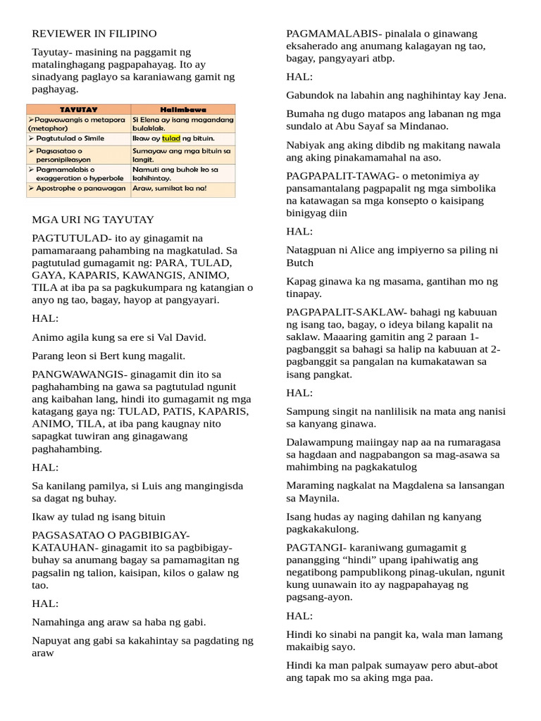 Reviewer in Filipino | PDF